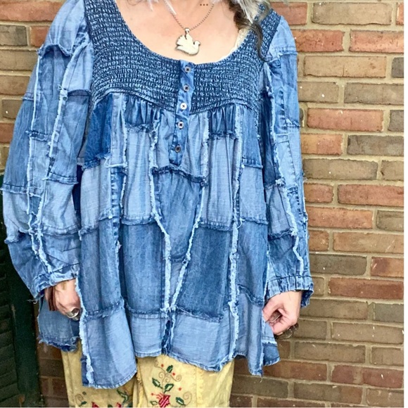 A Rare Bird | Tops | Nwt A Rare Bird Patchwork Keyhole Denim Top Os ...